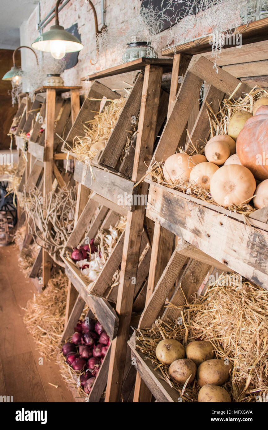 Traditional wooden farmer boxes with friuts and vegetables Stock Photo ...
