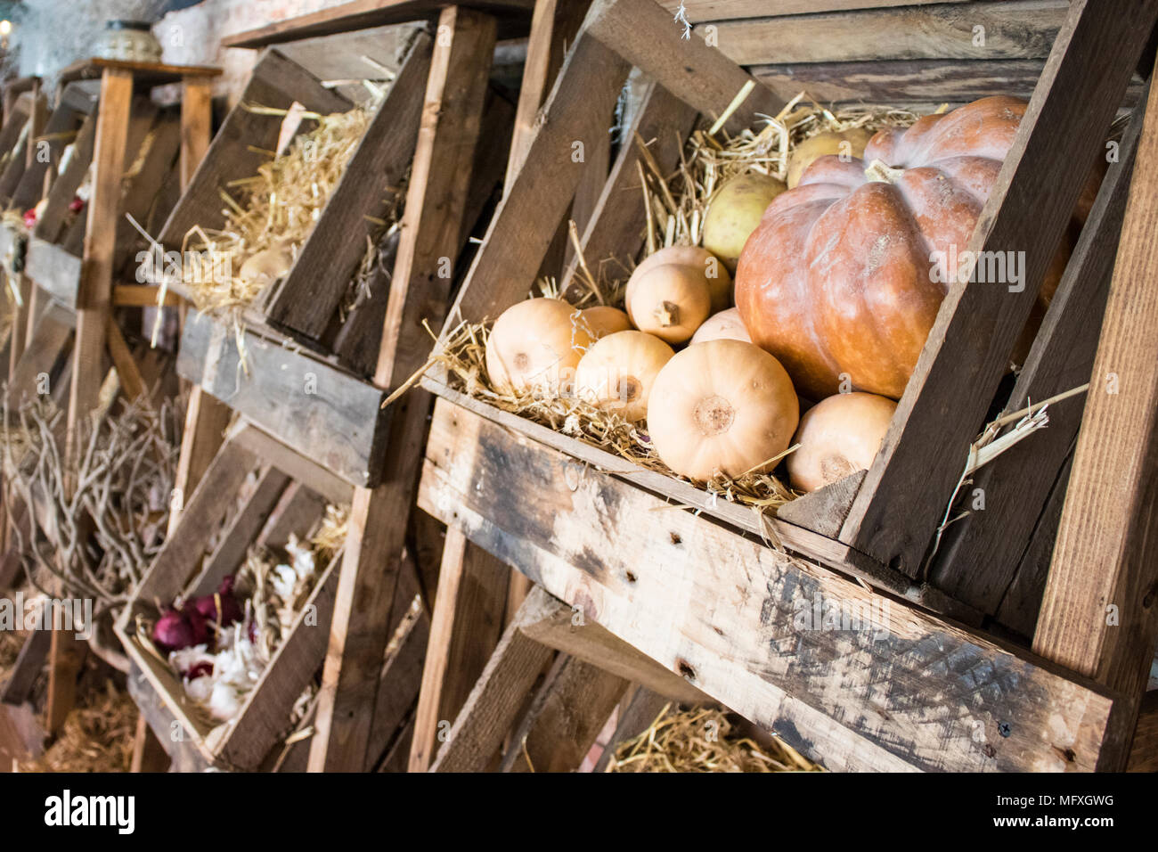Traditional wooden farmer boxes with friuts and vegetables Stock Photo ...