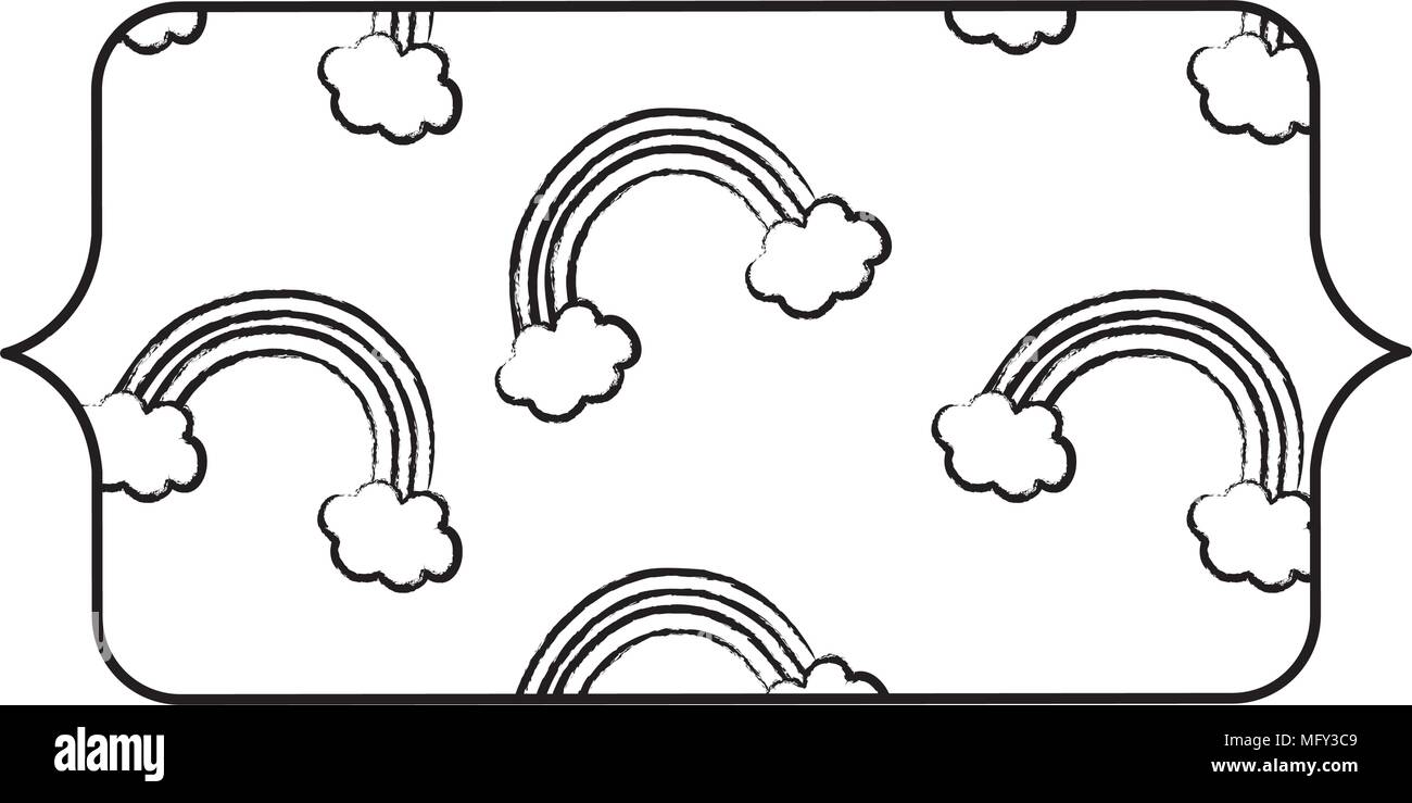sketch of decorative banner with rainbow and clouds design over white ...