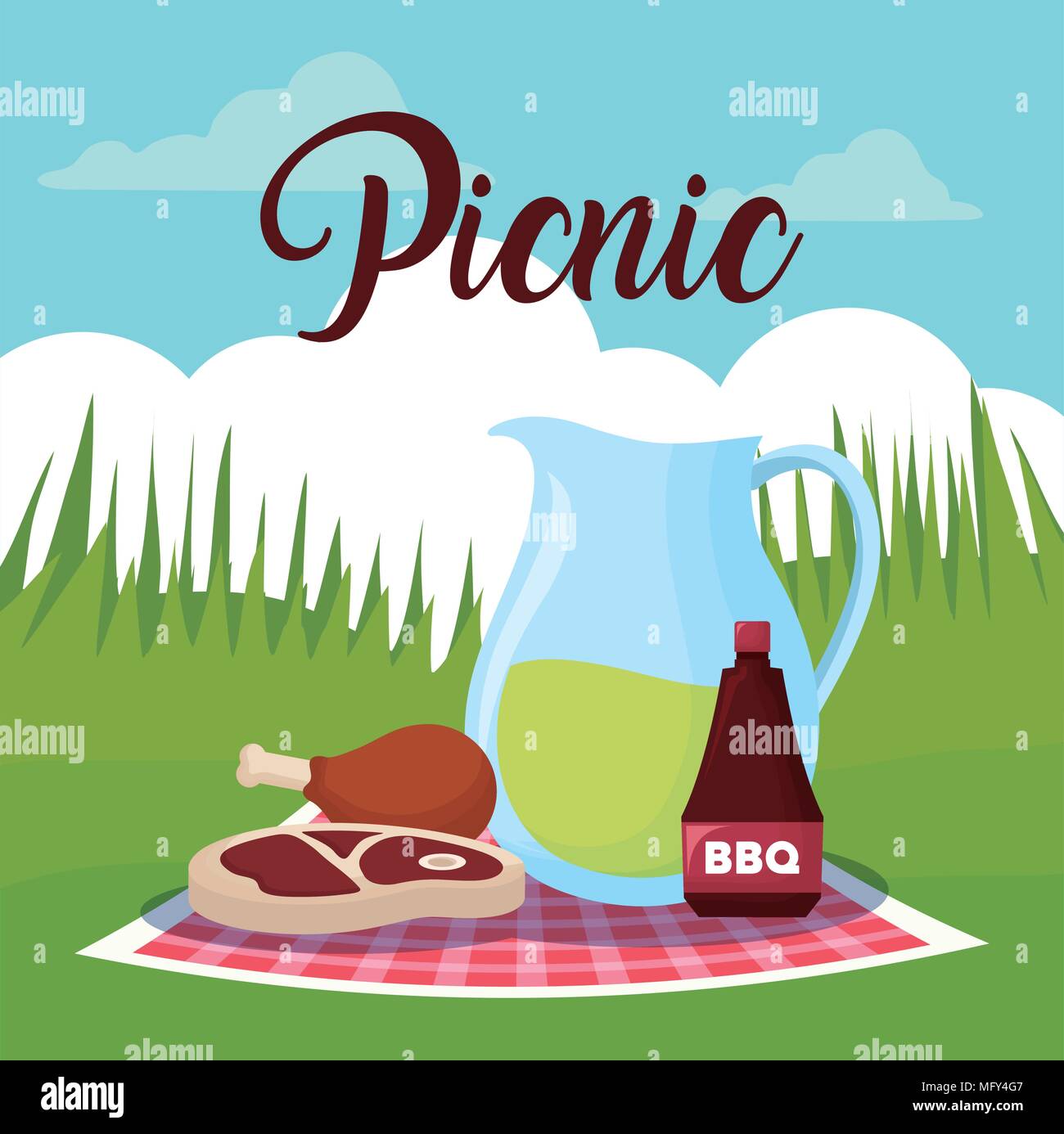picnic landscape concept with lemonade pitcet and food, colorful design ...