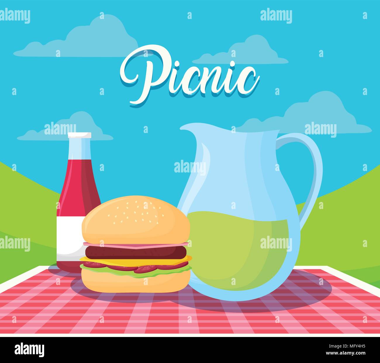 picnic landscape concept with hamburger and lemonade pitcher, colorful ...