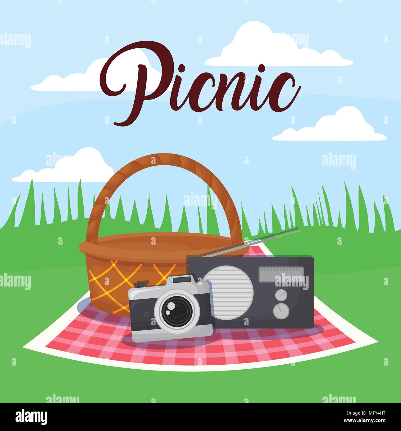 picnic landscape concept with basket and camera, colorful design ...