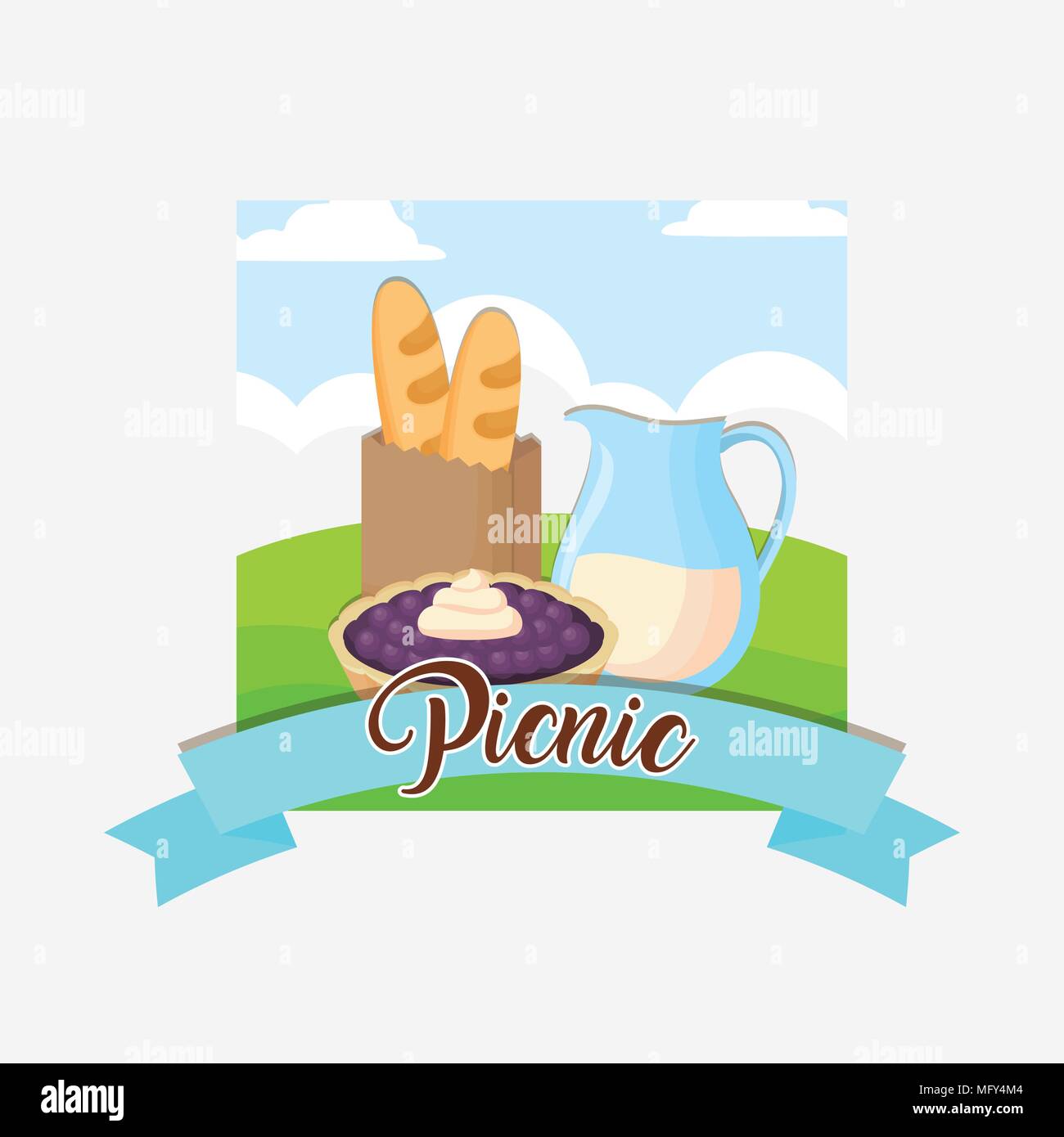 picnic emblem with ba with breads and milk pitcher over landscape and ...
