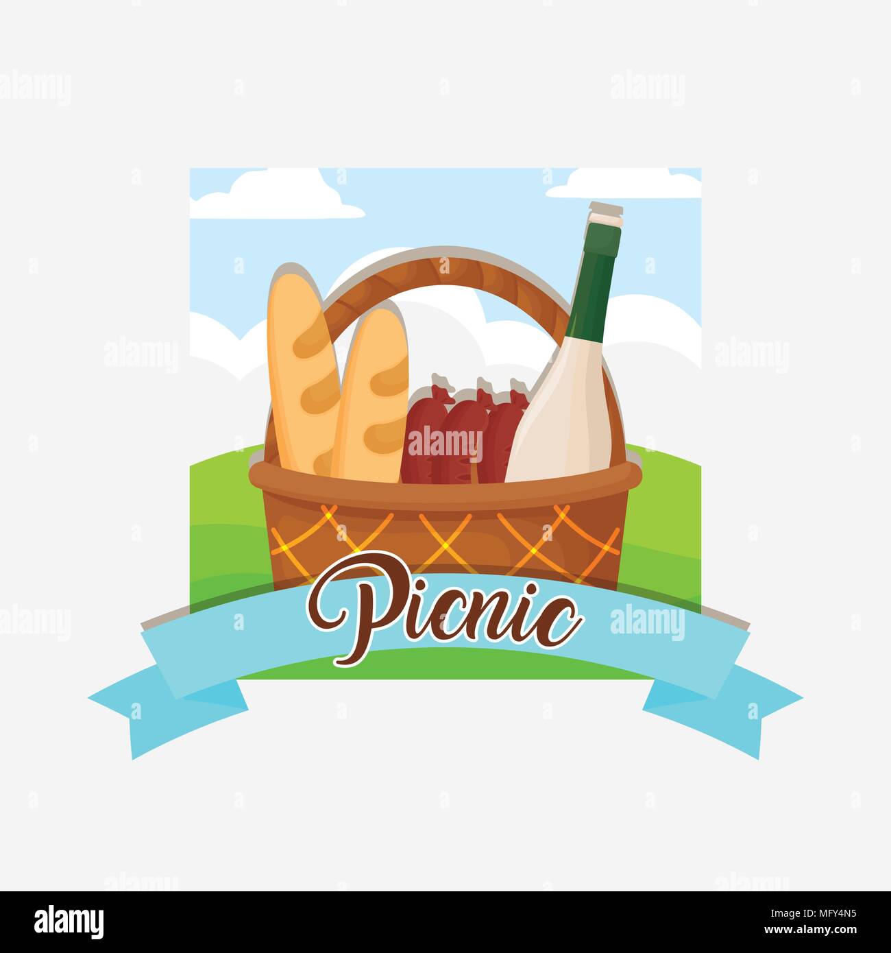 picnic emblem with basket with food over landscape and white background ...