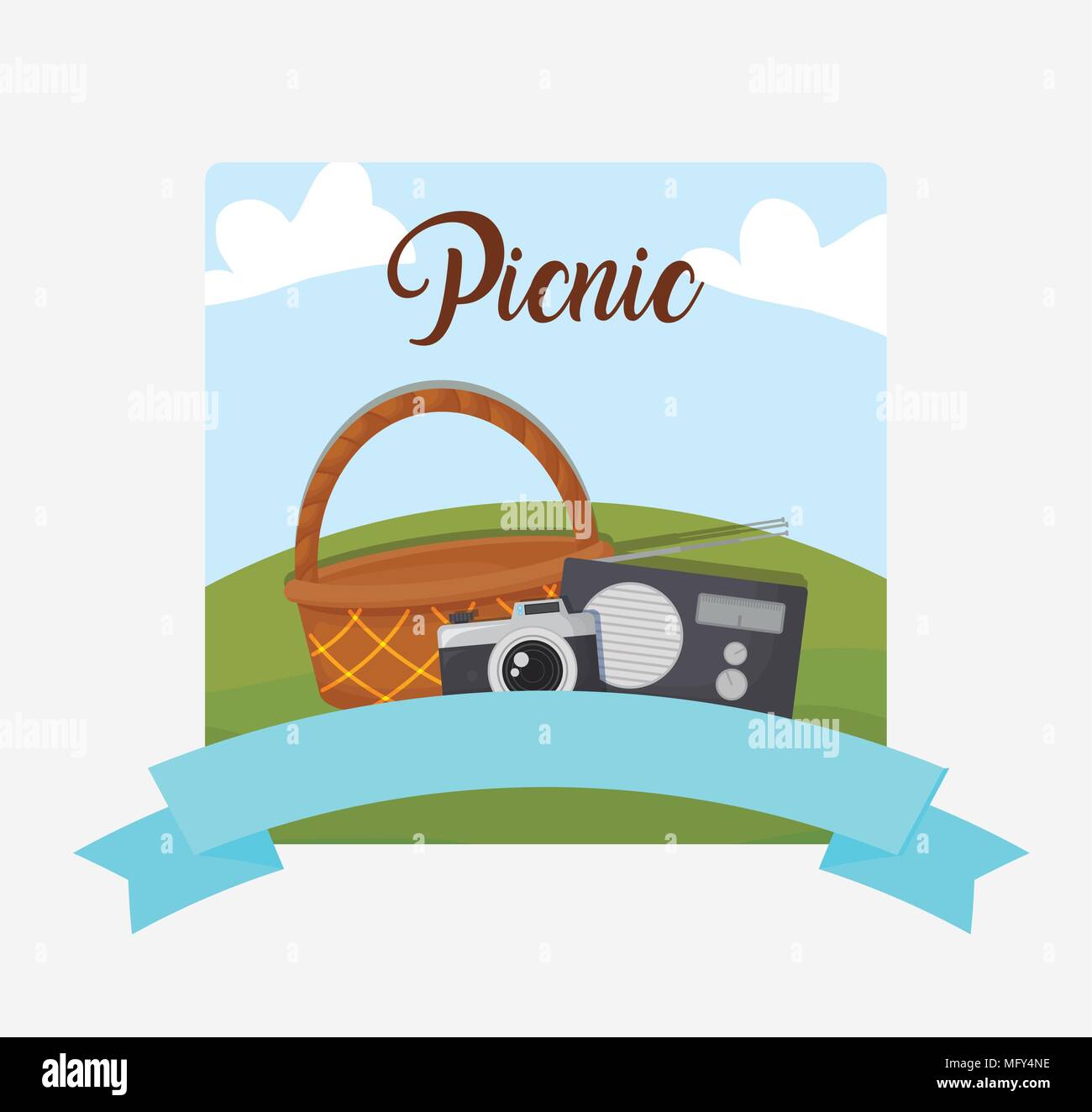 picnic emblem with over landscape and basket and camera white ...
