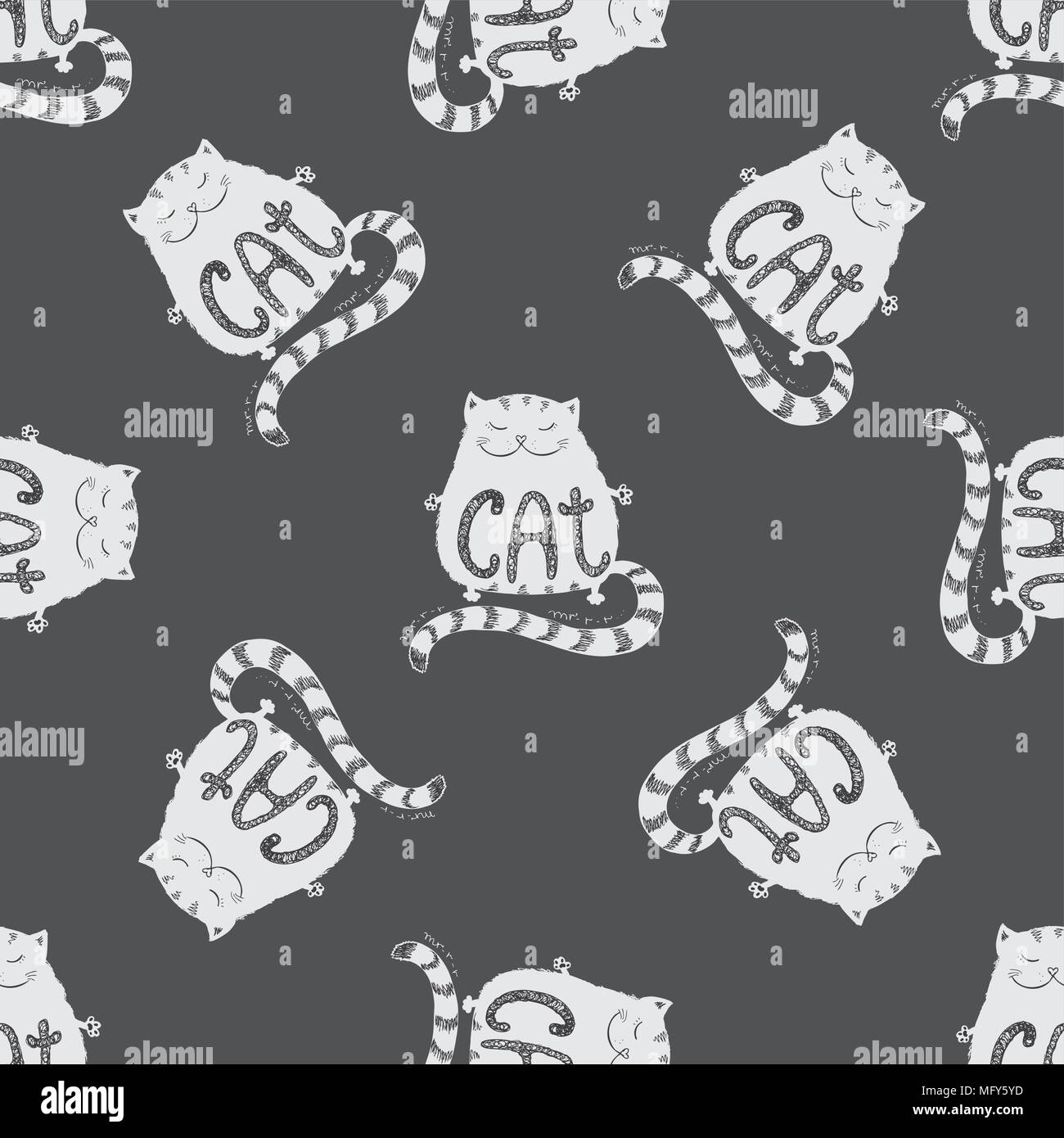 Cute fat cat seamless pattern, funny hand drawn on dark background ...