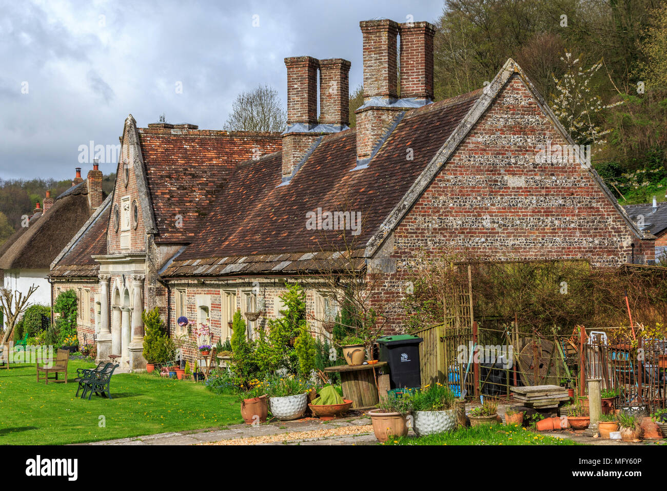 Almshouses in Milton Abbas in Dorset, England, UK, GB with traditional ...