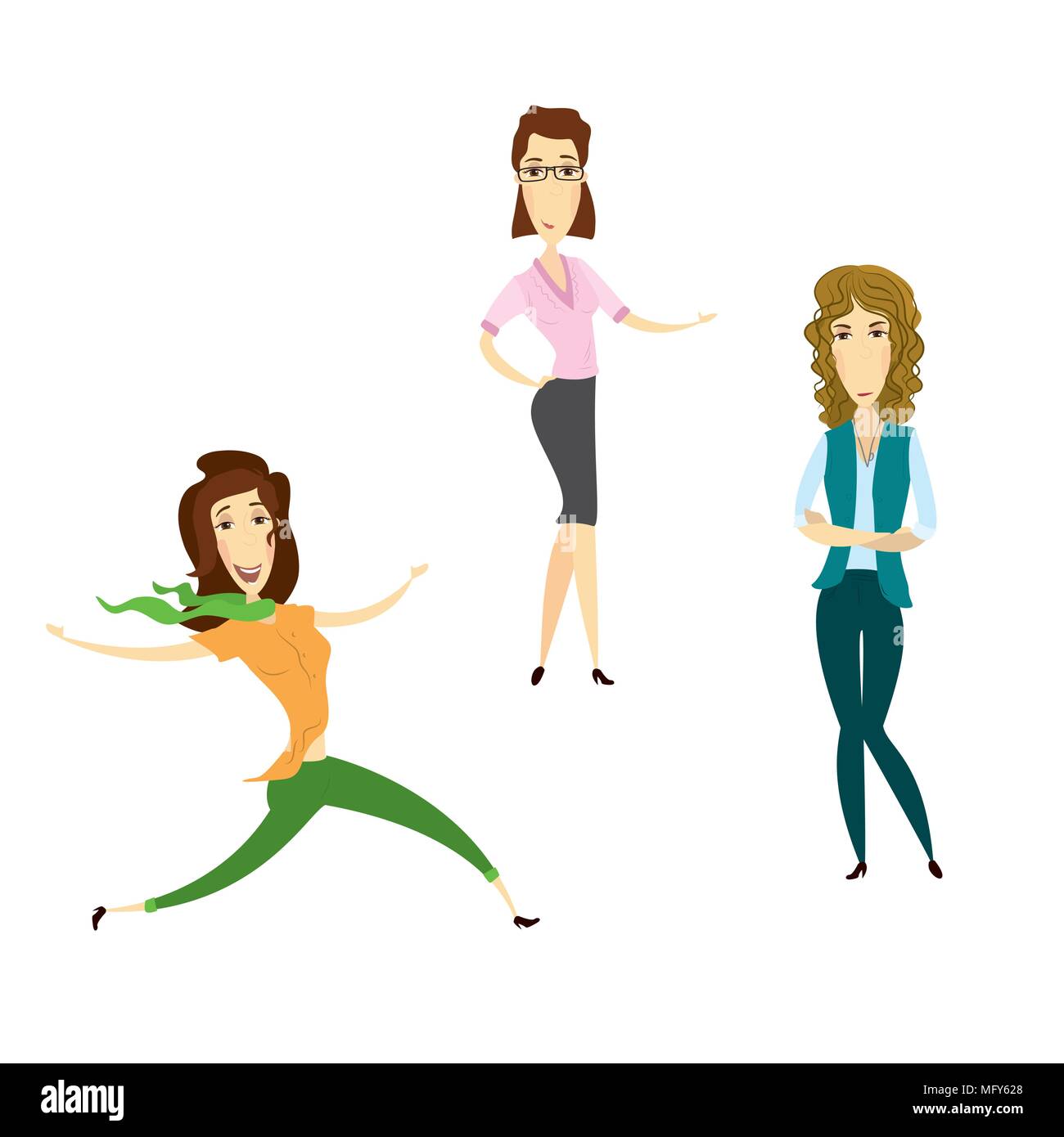 Funny cartoon woman characters, different poses, isolated on white ...