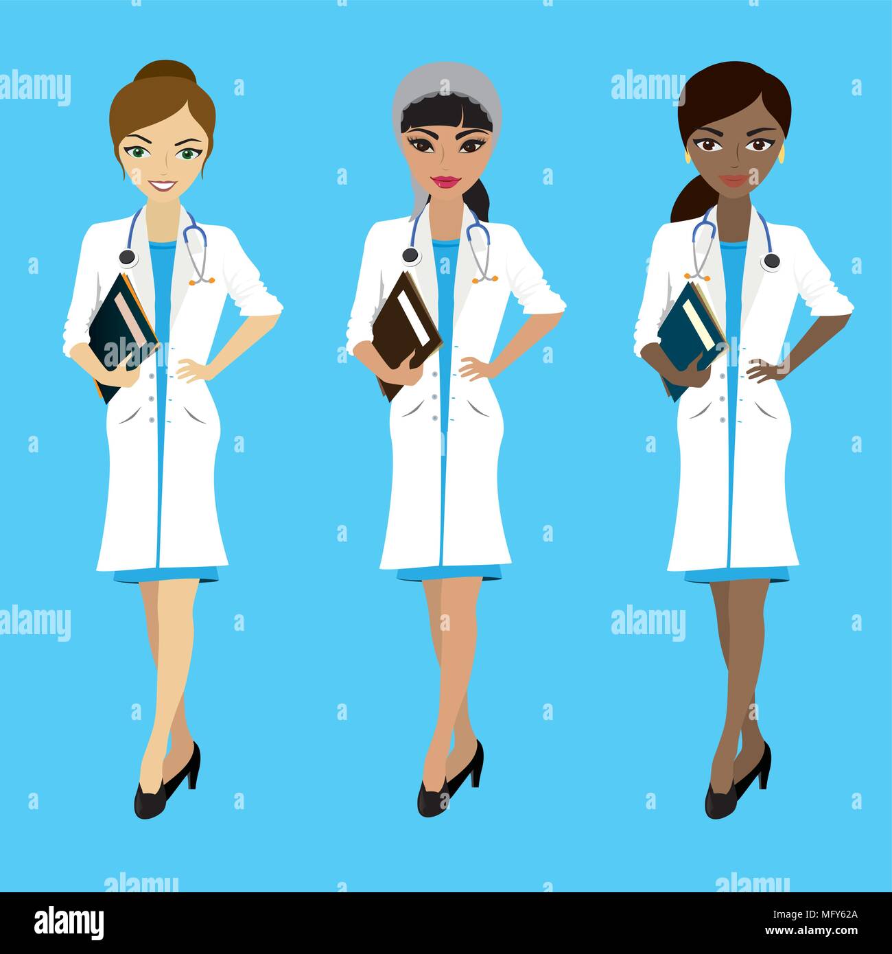 Set of three female doctors in different races on blue background ...