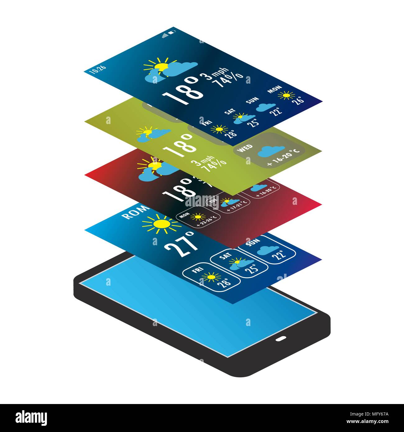 mobile phone and weather app, isometric vector illustration isolated on ...