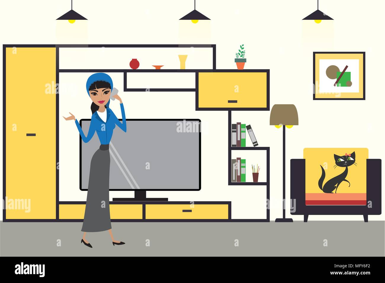 Cartoon graphic living room interior design with furniture,cat on chair ...