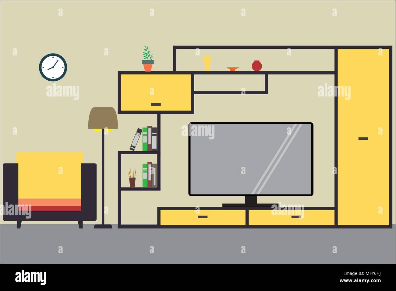 Cartoon graphic living room interior design with furniture,flat vector ...