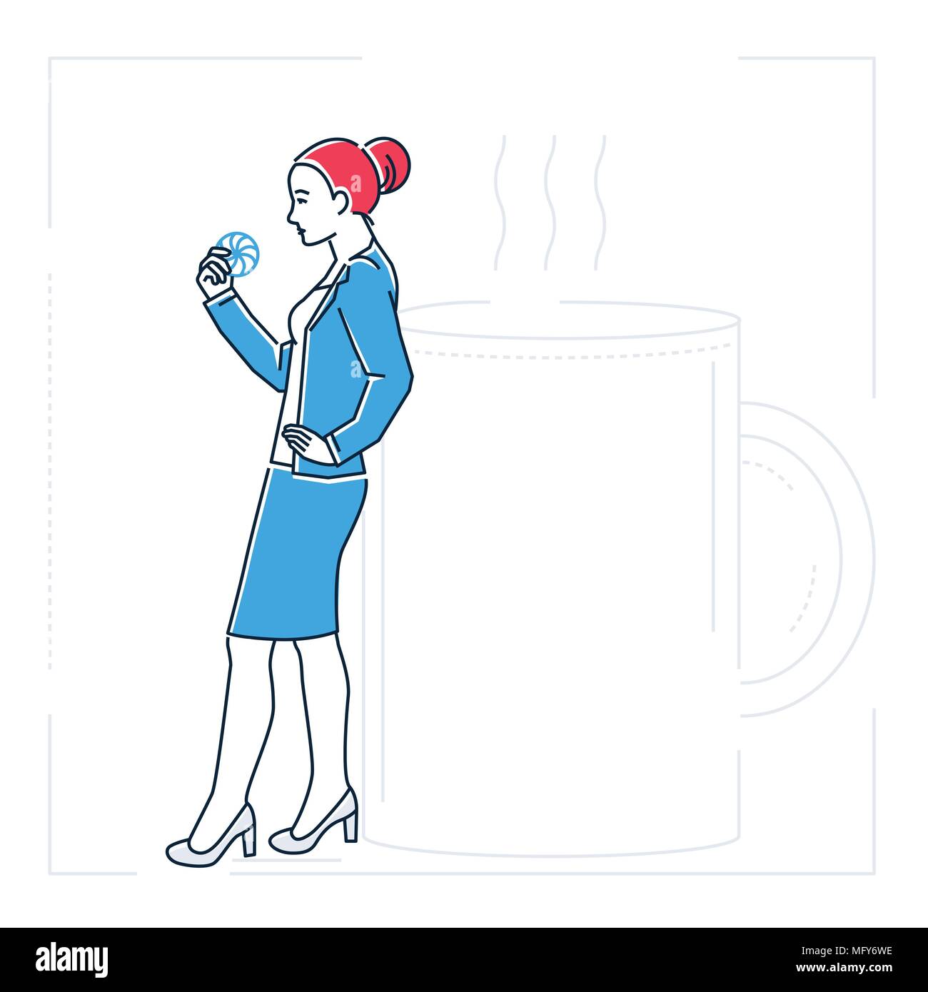 Businesswoman on a coffee break - line design style isolated ...