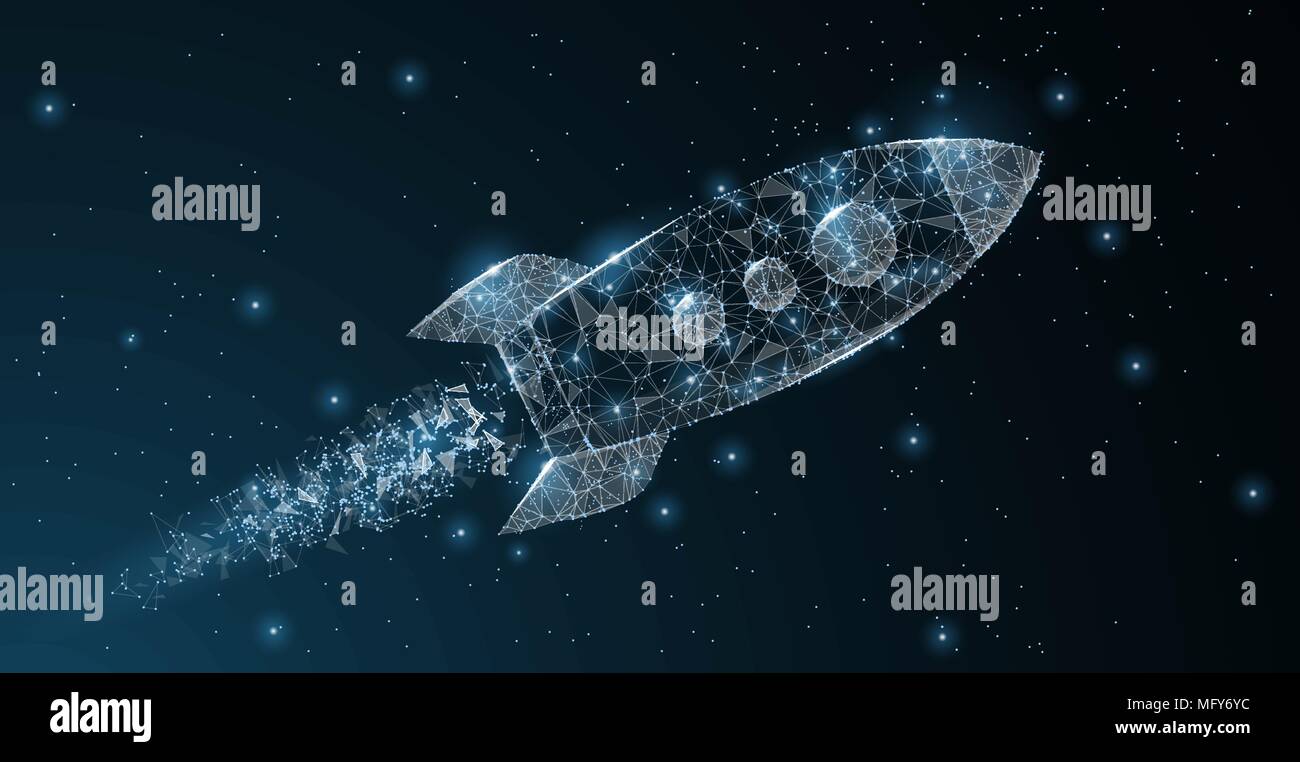 Rocket. Polygonal wireframe mesh art. Business startup, astronomy ...