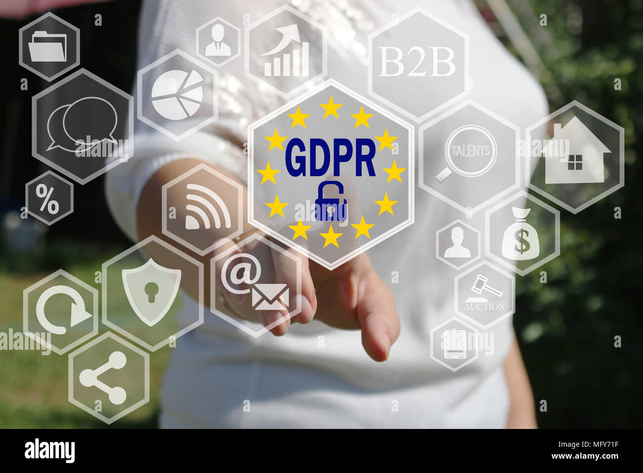The businesswoman chooses the GDPR on the touch screen .General Data ...