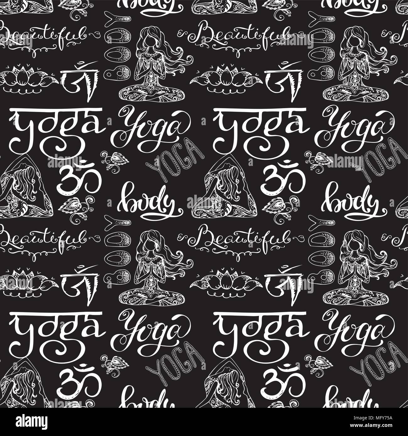 Yoga seamless pattern with lettering,ornament,girl in yoga pose Stock ...