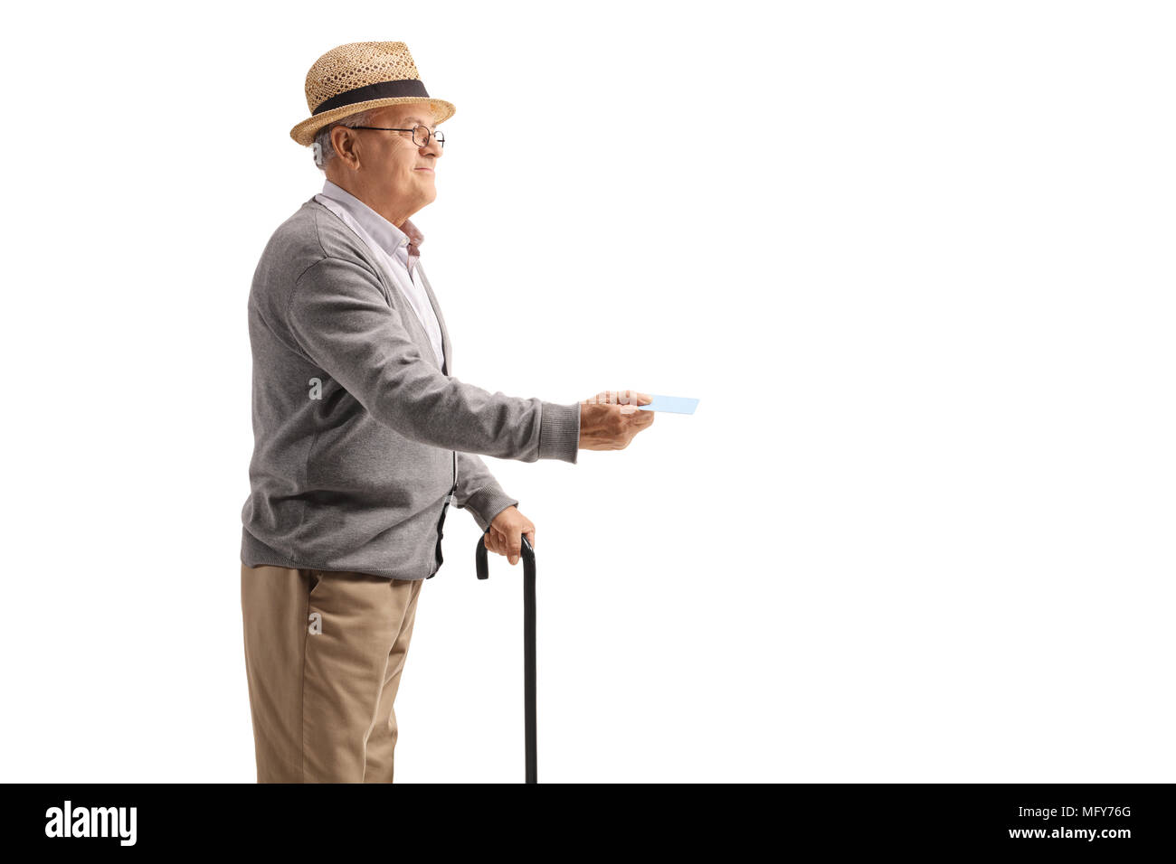 Elderly man holding a credit card isolated on white background Stock ...