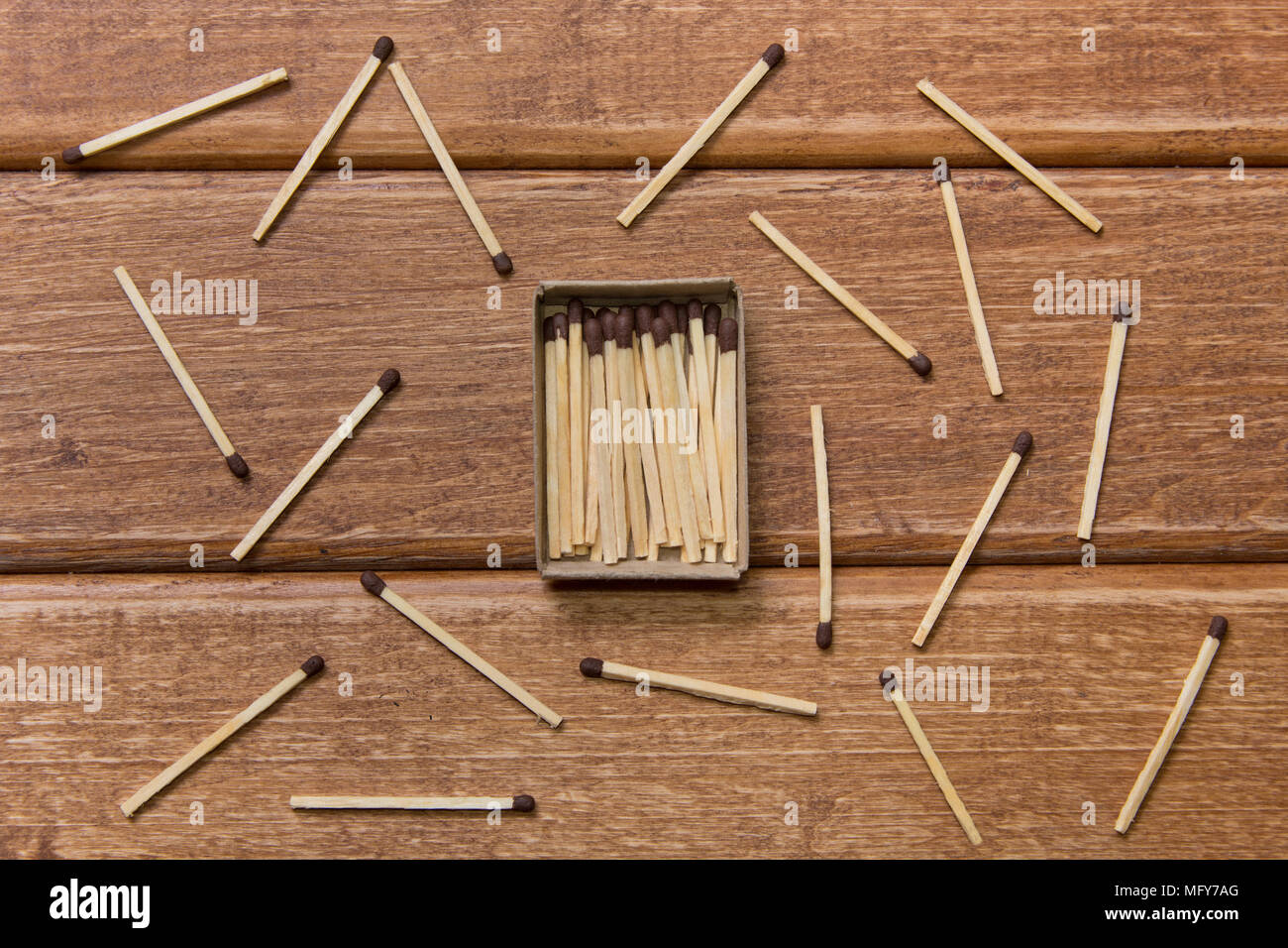 The concept of chaos and order. Chaotic match boxes lying around with ...