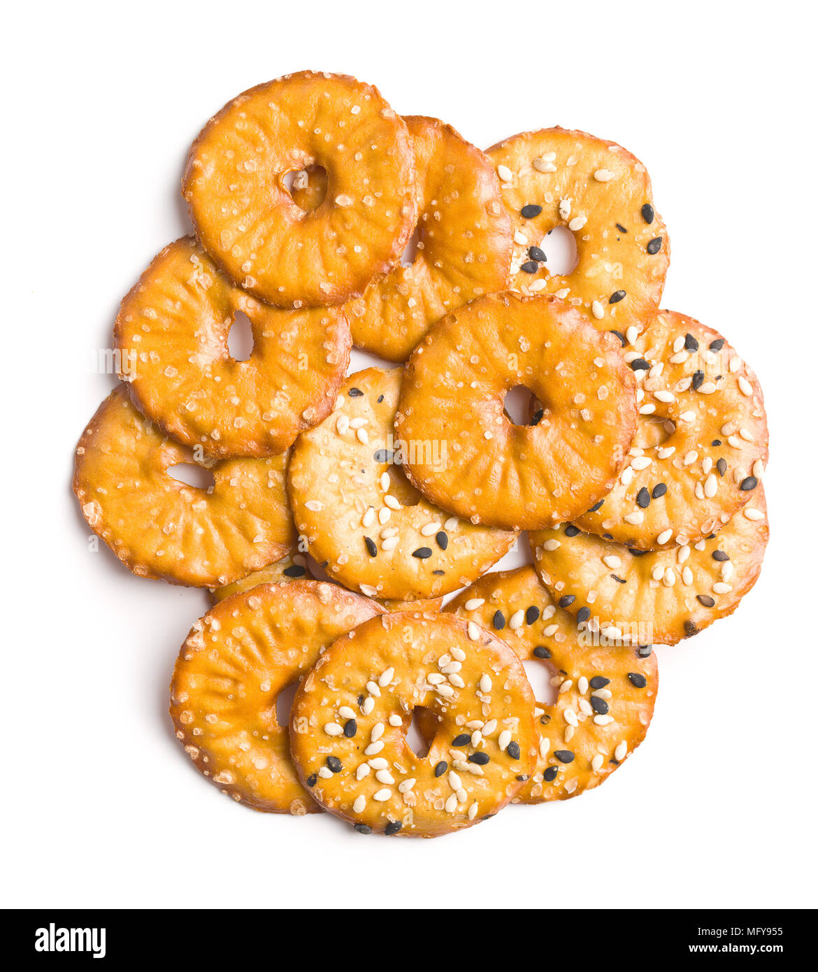 Round salty pretzels isolated on white background Stock Photo - Alamy