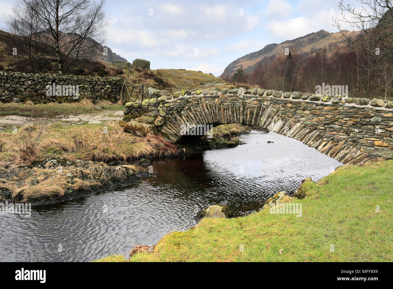 Packhorse stone bridge over Watendlath Beck, Watendlath Tarn, Lake ...