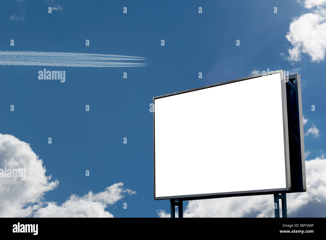 Billboard with white space. Airplane trail, travel, blue sky and clouds ...