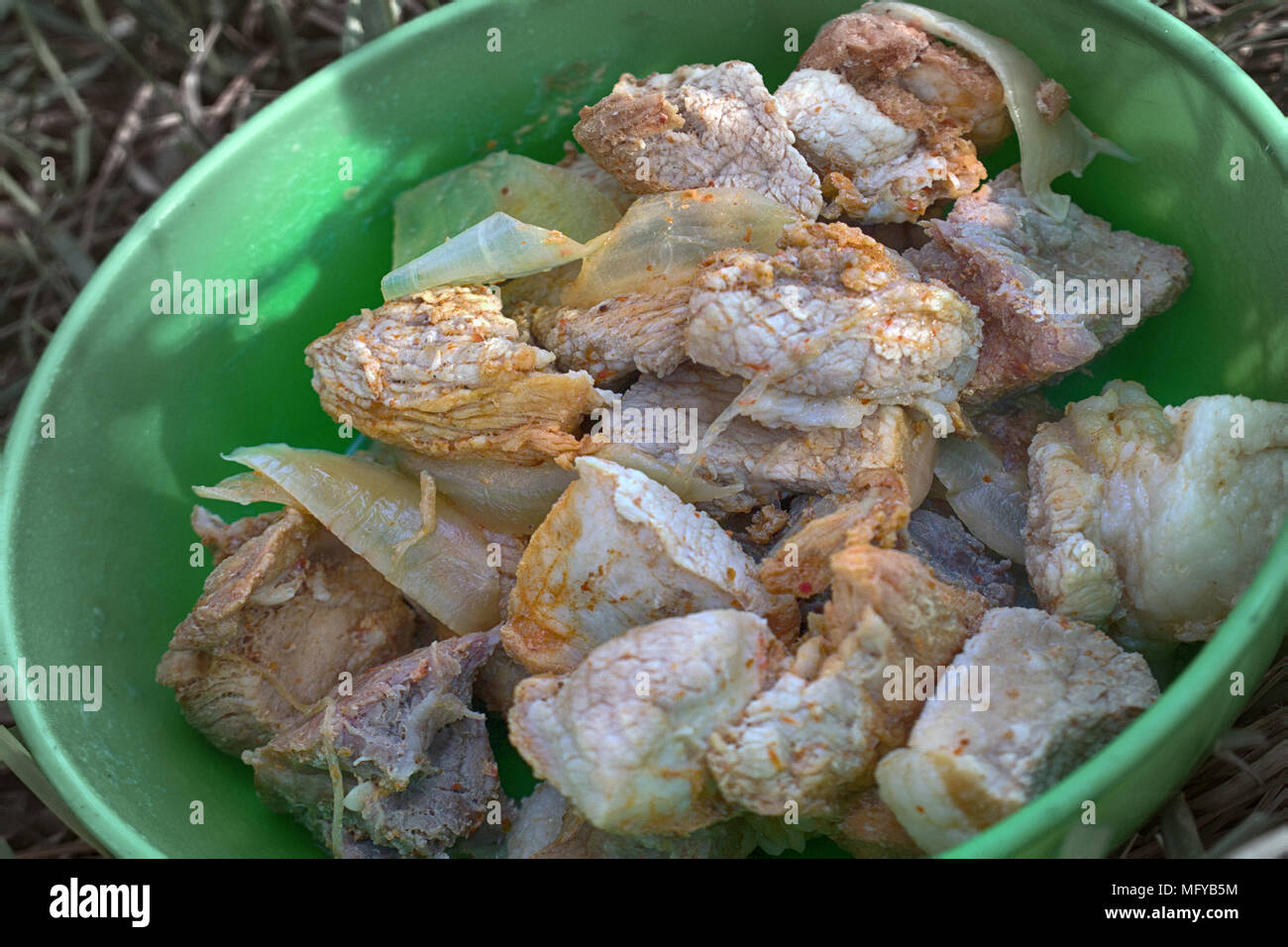 Lamb with pepper and onions much fat. Cooked in cauldron (bishbarmak ...
