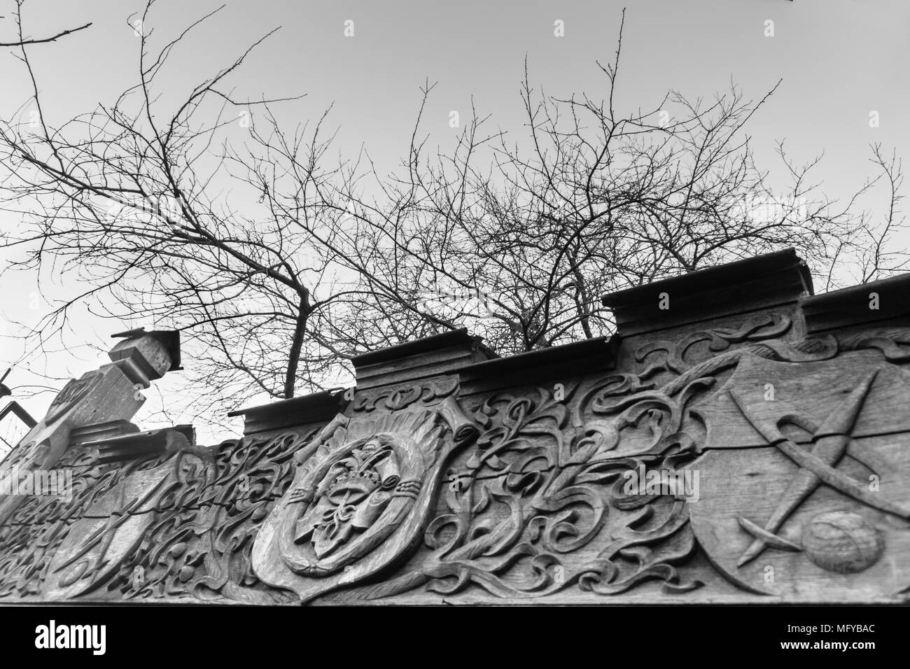 Carved symbols at Weavers Bastion Stock Photo - Alamy