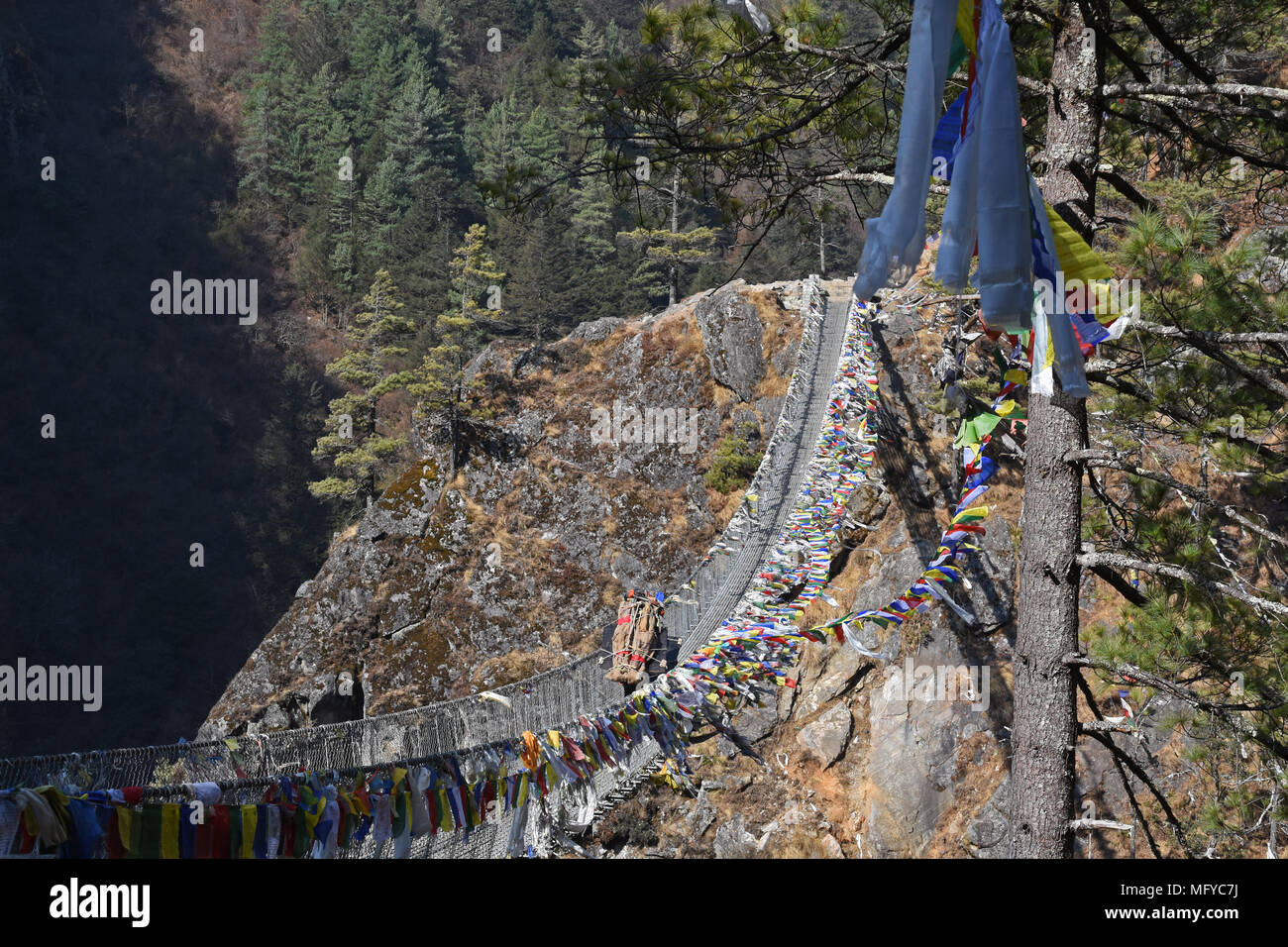 Porter on the Laja suspension bridge over Dudh Koshi river close to ...