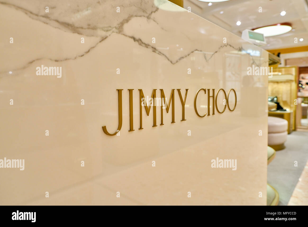 ROME, ITALY - CIRCA NOVEMBER, 2017: close up shot of Jimmy Choo sign on ...