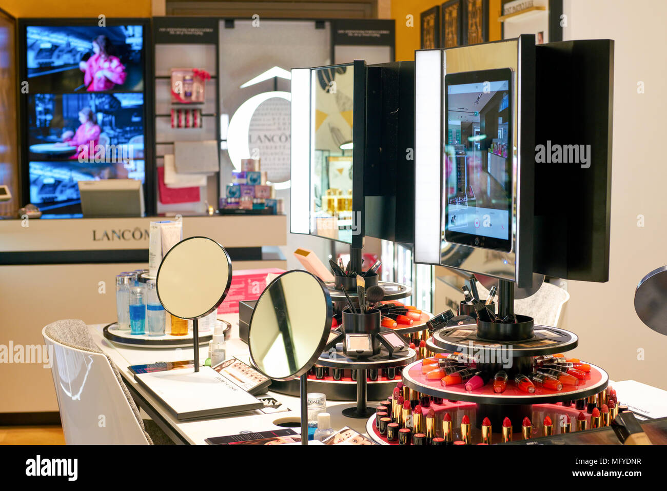 ROME, ITALY - CIRCA NOVEMBER, 2017: Lancome products sit on display at ...