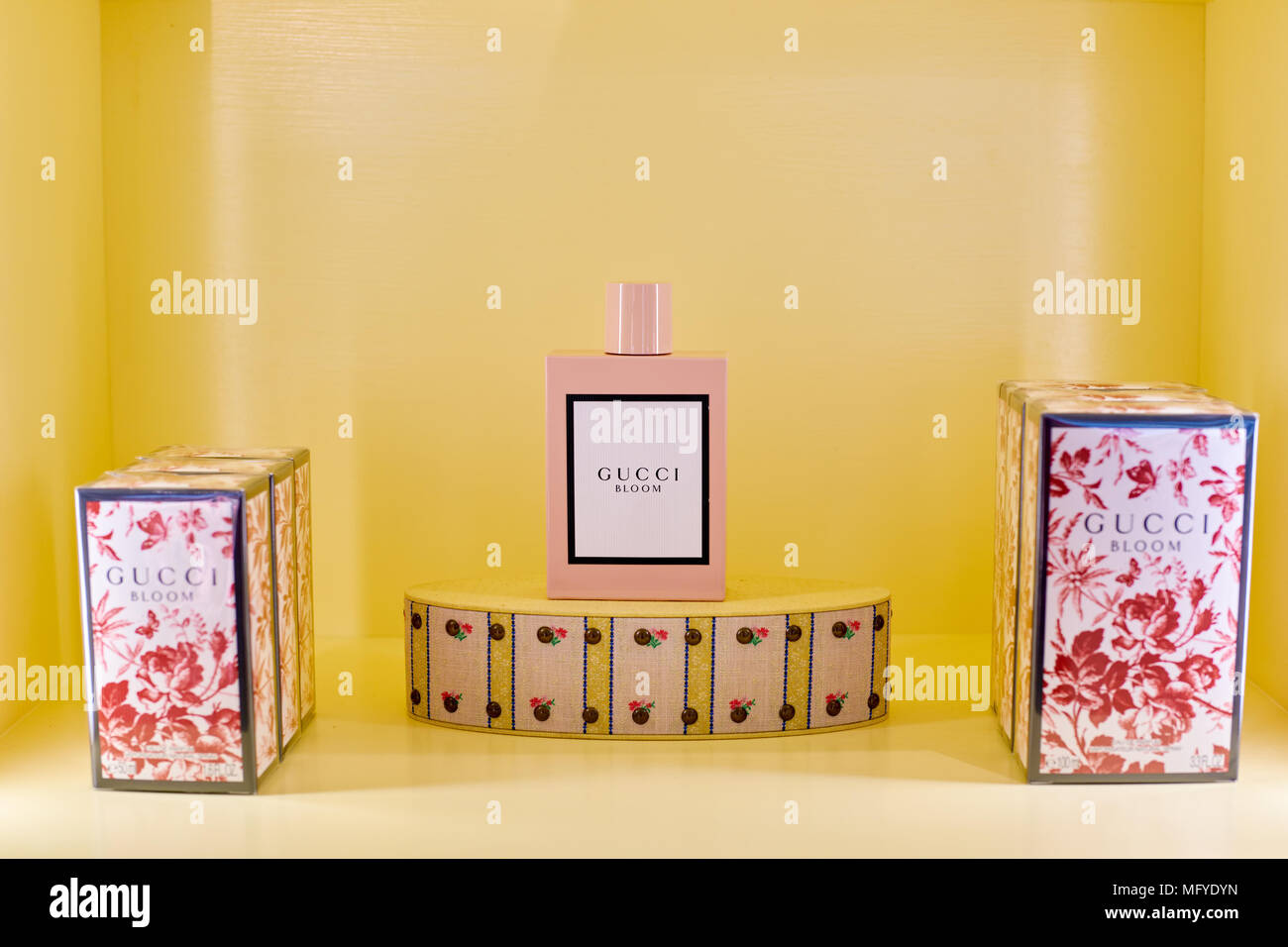 ROME, ITALY - CIRCA NOVEMBER, 2017: a bottle of Gucci fragrance sit on ...