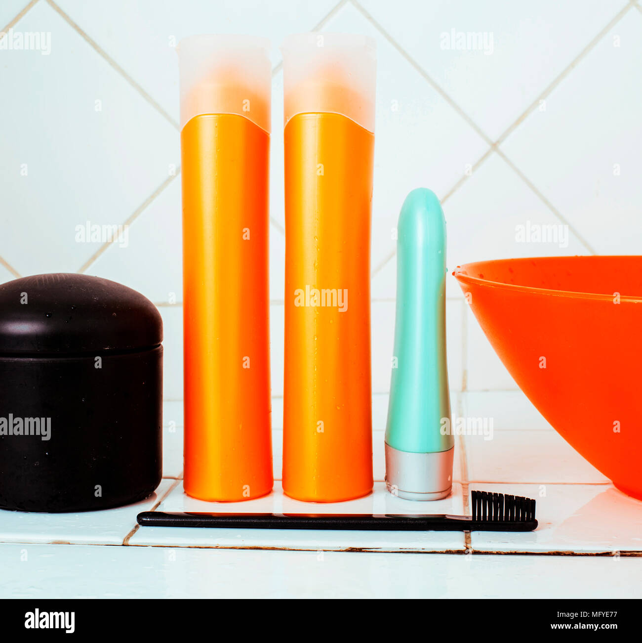 usual stuff in bathroom, shampoo, accessories, black stylish too Stock ...