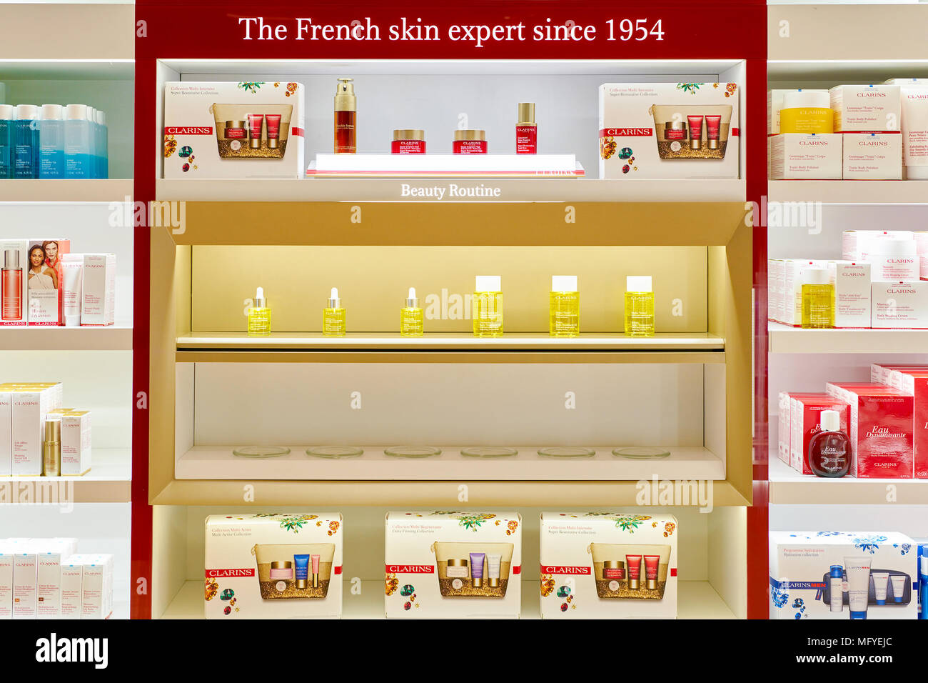 ROME, ITALY - CIRCA NOVEMBER, 2017: Clarins beauty products sit on ...