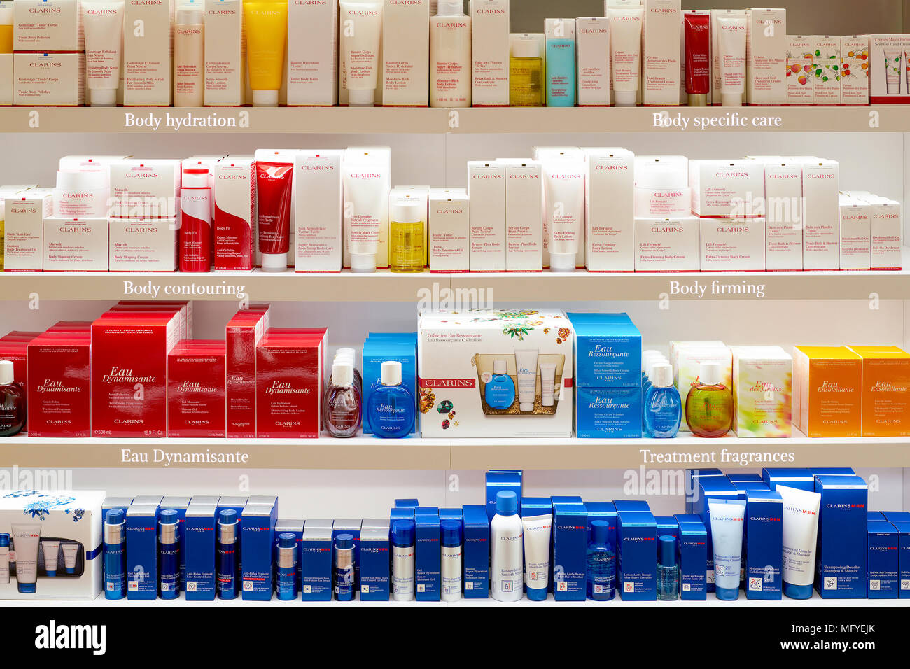 ROME, ITALY - CIRCA NOVEMBER, 2017: Clarins beauty products sit on ...