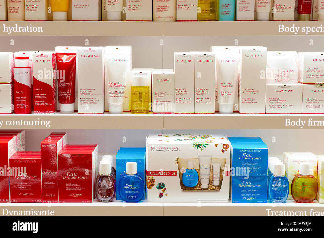ROME, ITALY - CIRCA NOVEMBER, 2017: Clarins beauty products sit on ...