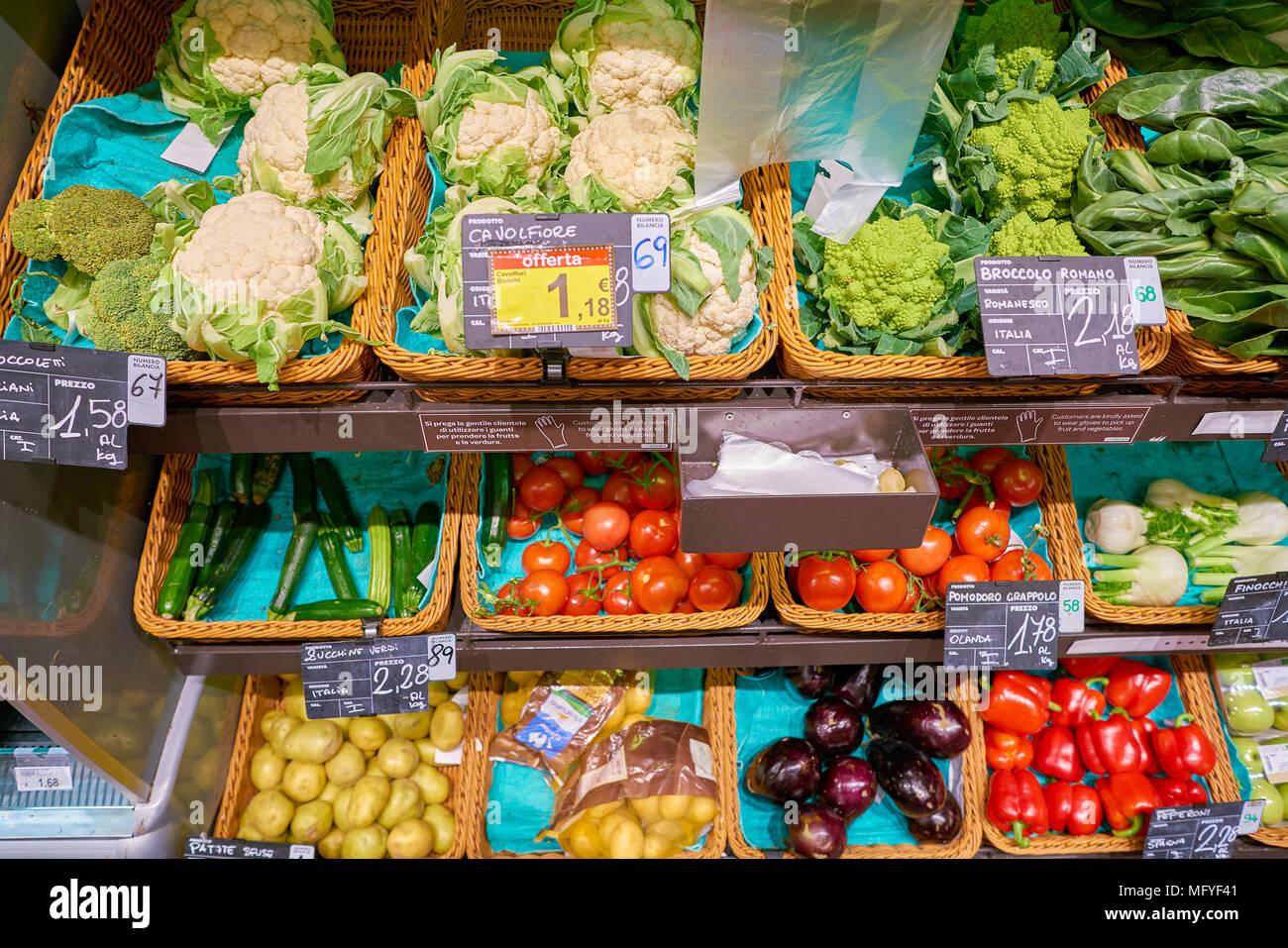 ROME, ITALY - CIRCA NOVEMBER 2017: food on display at Carrefour Express ...