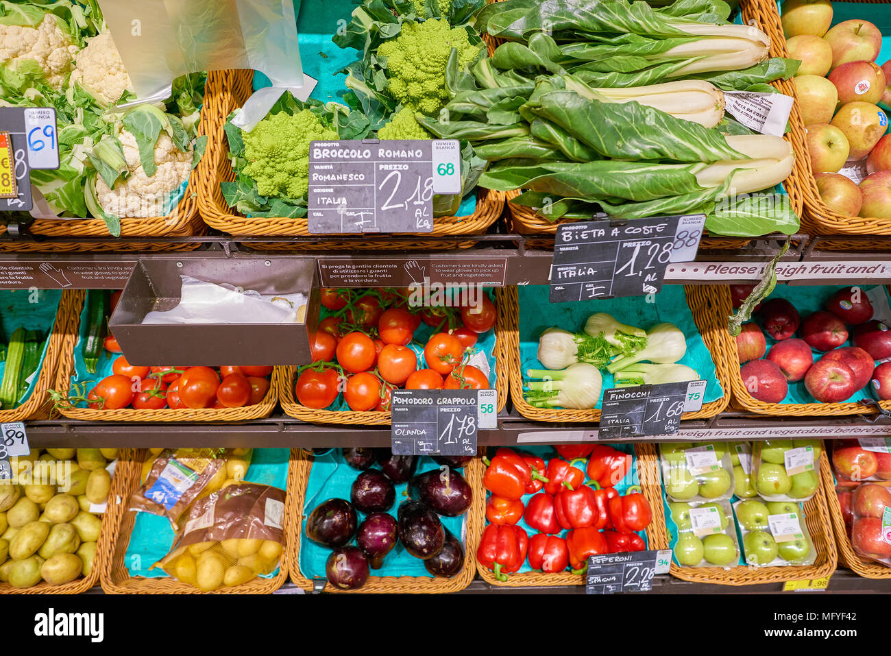 ROME, ITALY - CIRCA NOVEMBER 2017: food on display at Carrefour Express ...
