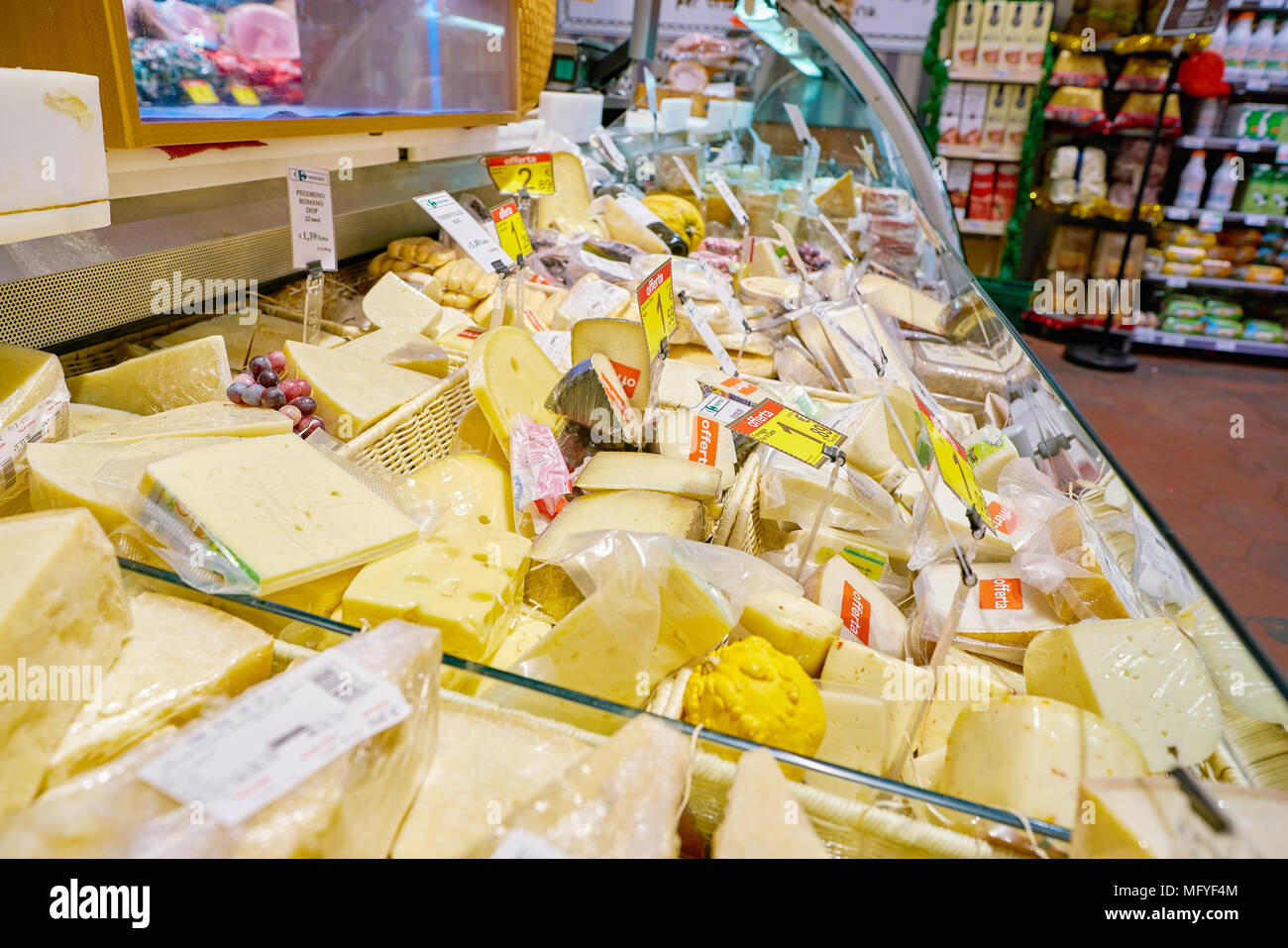 ROME, ITALY - CIRCA NOVEMBER 2017: cheese on display at Carrefour ...