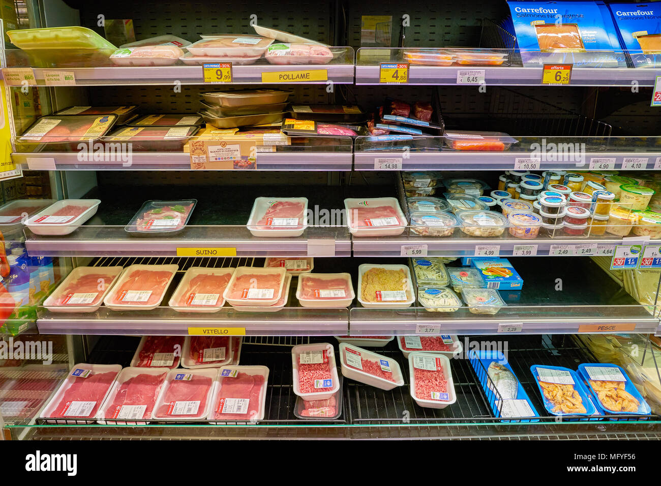 ROME, ITALY - CIRCA NOVEMBER 2017: food on display at Carrefour Express ...