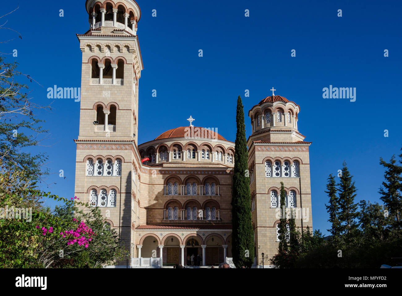 Close-up of the Orthodox monastery of Agios Nektarios on the Aegina ...