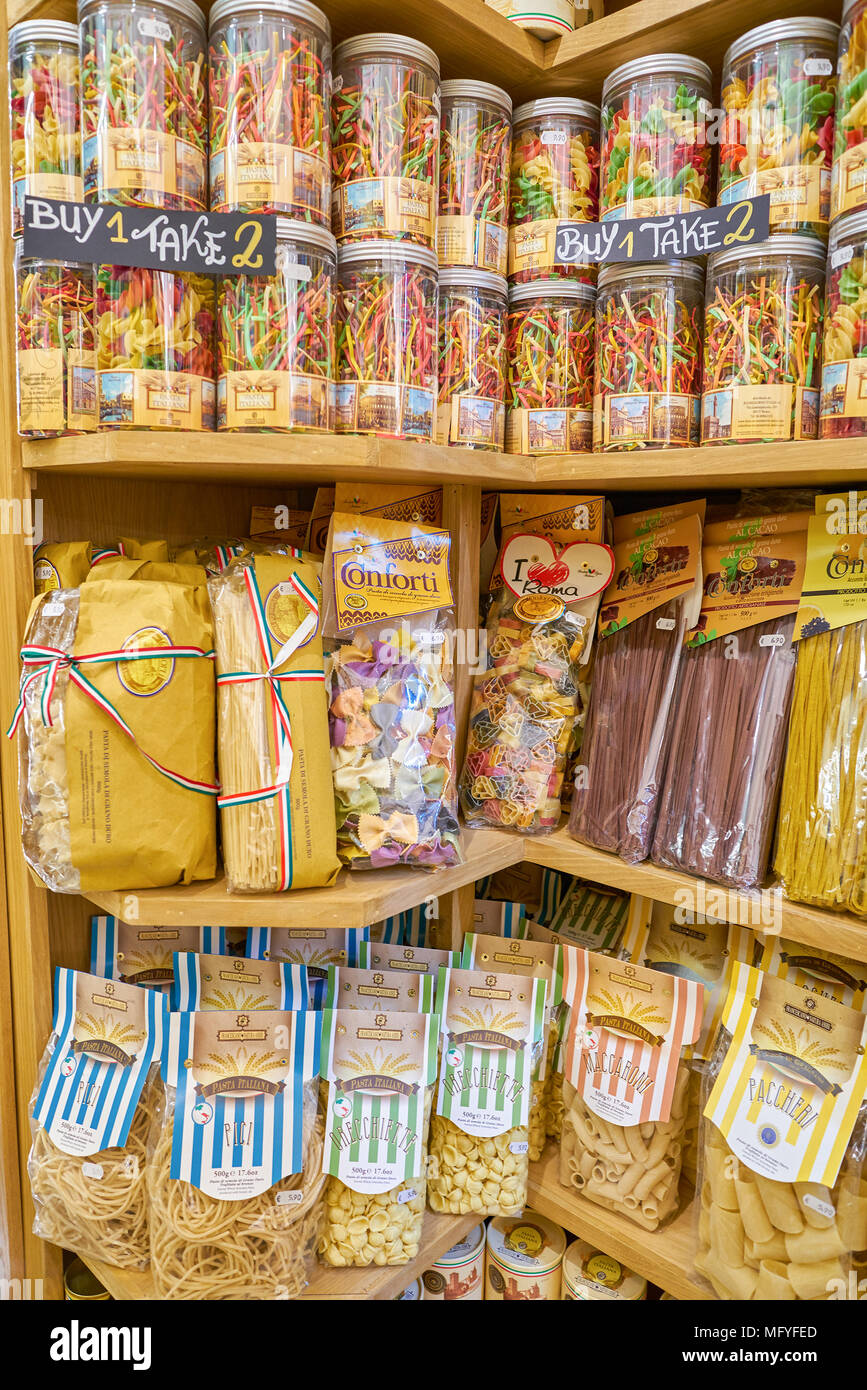 ROME, ITALY - CIRCA NOVEMBER 2017: shelves of pasta in a grocery store ...