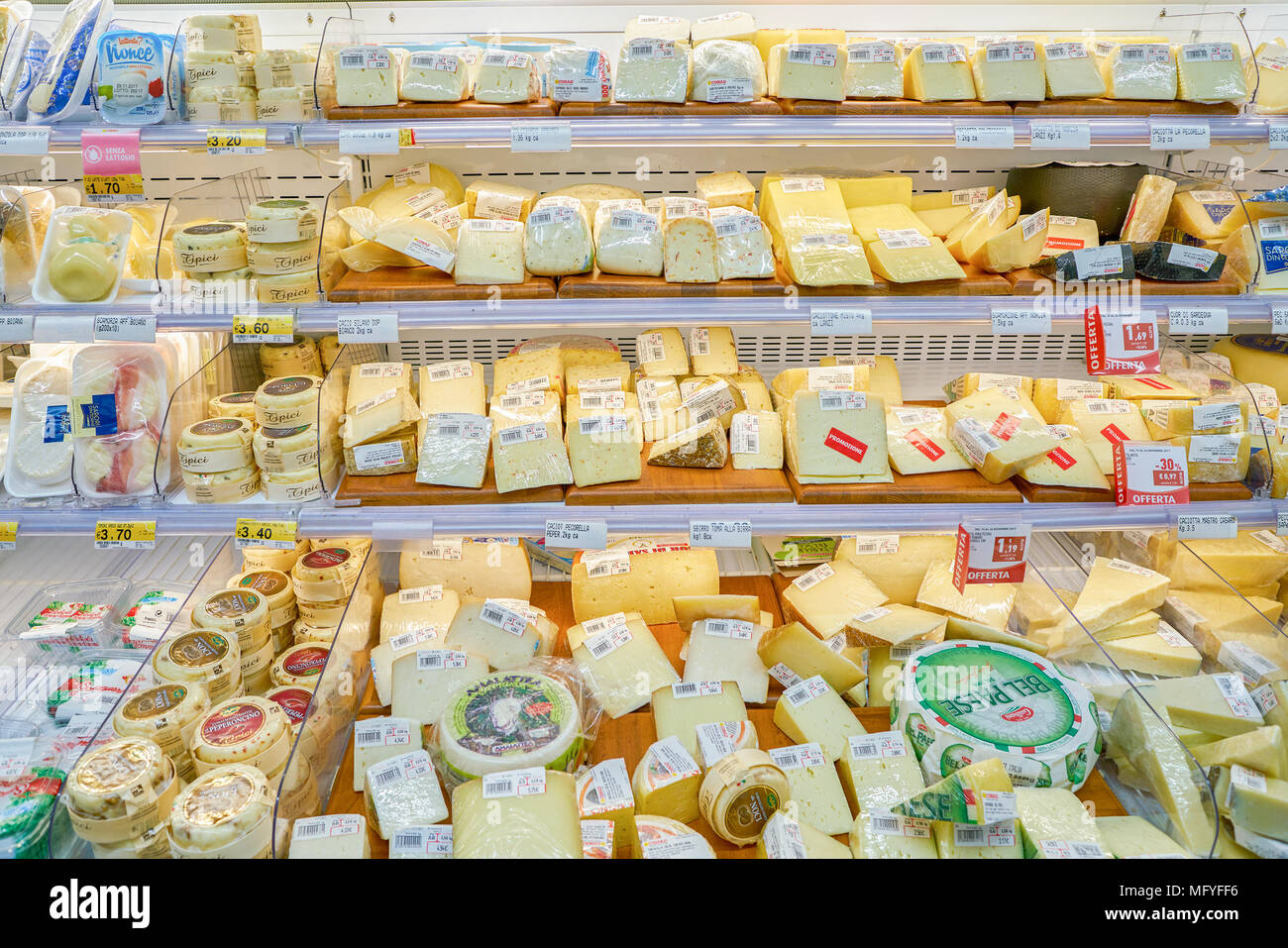 ROME, ITALY - CIRCA NOVEMBER 2017: cheese on display in a grocery store ...
