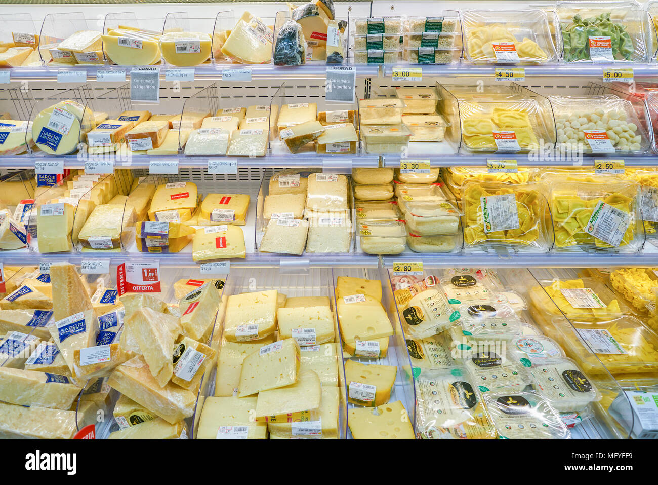 ROME, ITALY - CIRCA NOVEMBER 2017: cheese on display in a grocery store ...