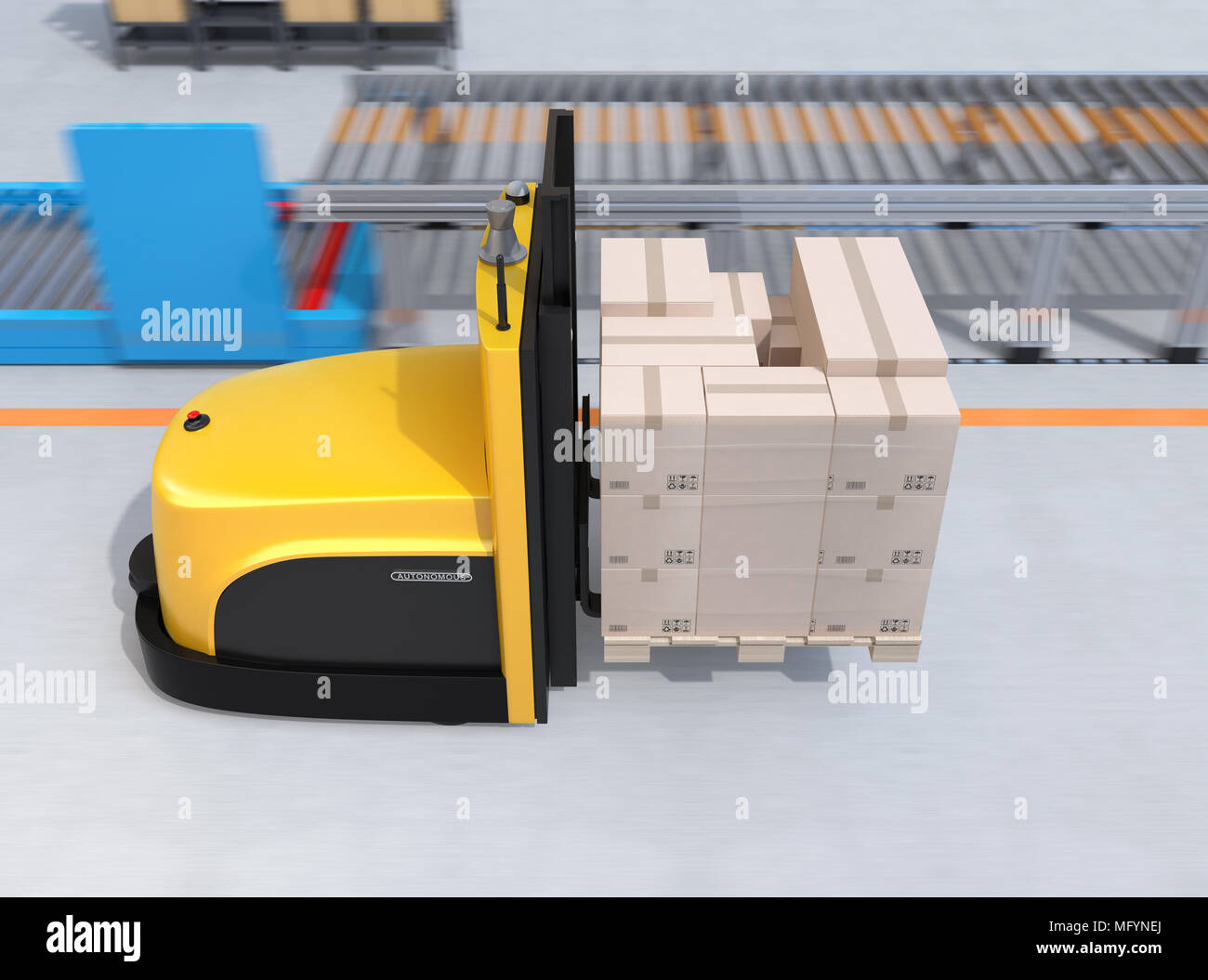 Autonomous forklift carrying pallet of goods in logistics center. 3D ...