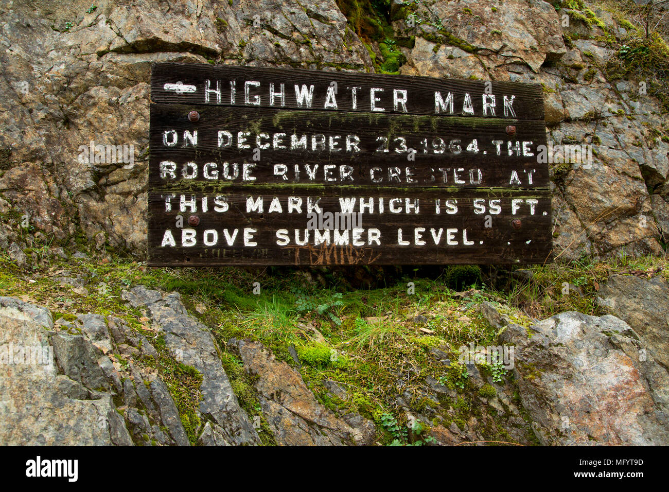 Flood marker sign along Rogue River National Recreation Trail, Rogue ...