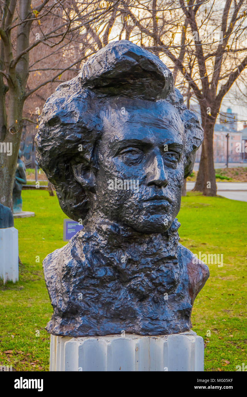 MOSCOW, RUSSIA- APRIL, 24, 2018: View of modern head sculptures in ...