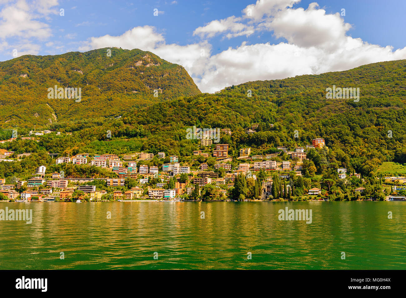 Lake Lugano, a glacial lake situated on the border between south-east ...