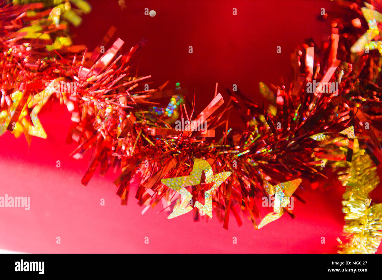 Christmas tree decoration objects on the red tissue Stock Photo - Alamy