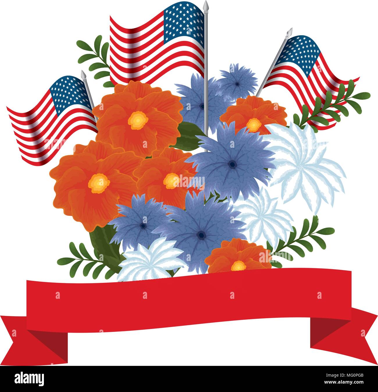 floral decoration with usa flags and ribbon frame vector illustration ...