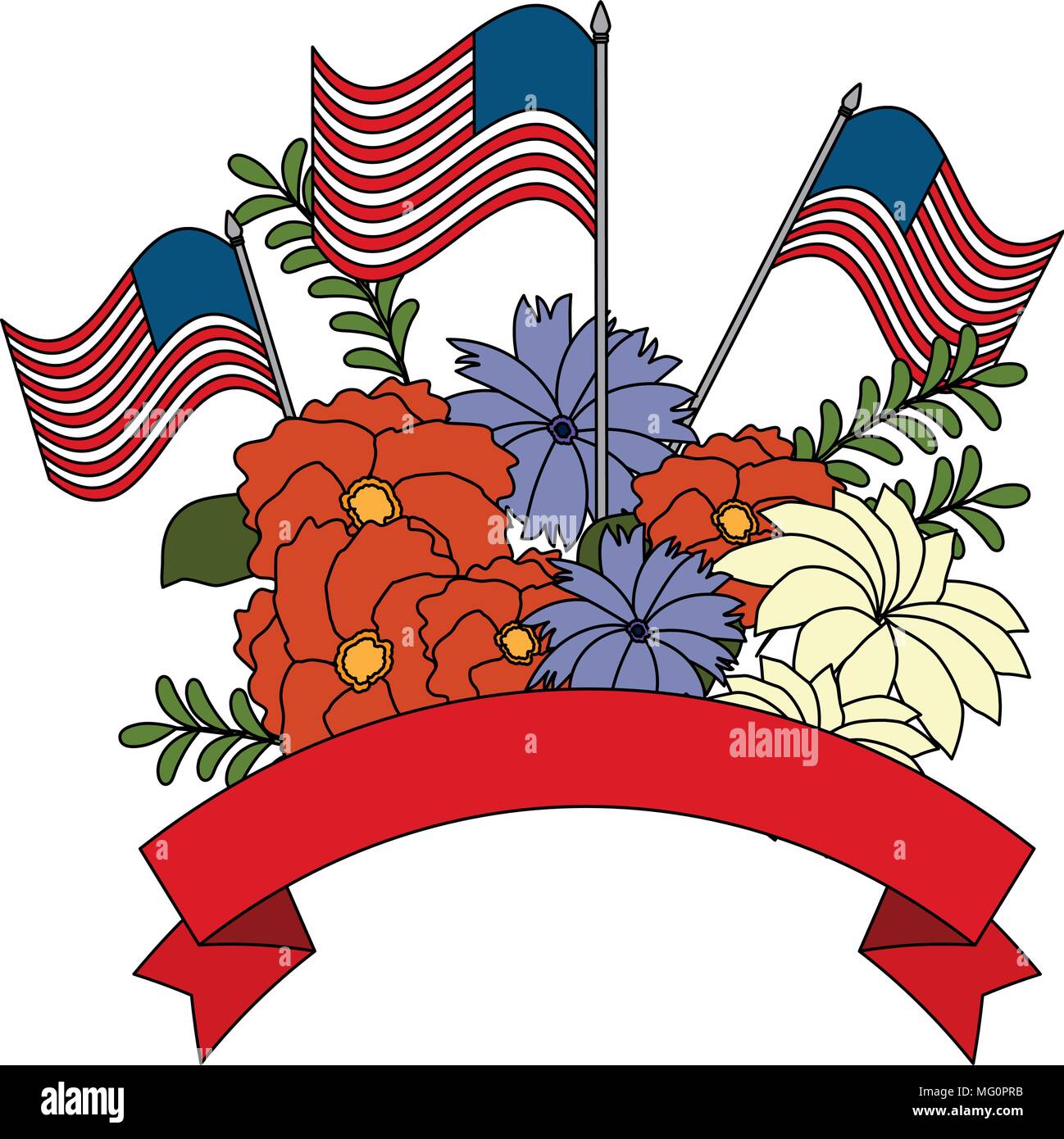 floral decoration with usa flags frame vector illustration design Stock ...